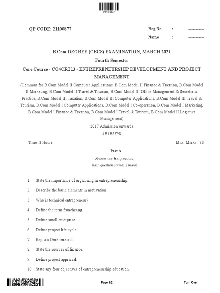 Bcom 4 Sem Entrepreneurship Development and Project Management 21100877 Mar 2021 | PDF ...