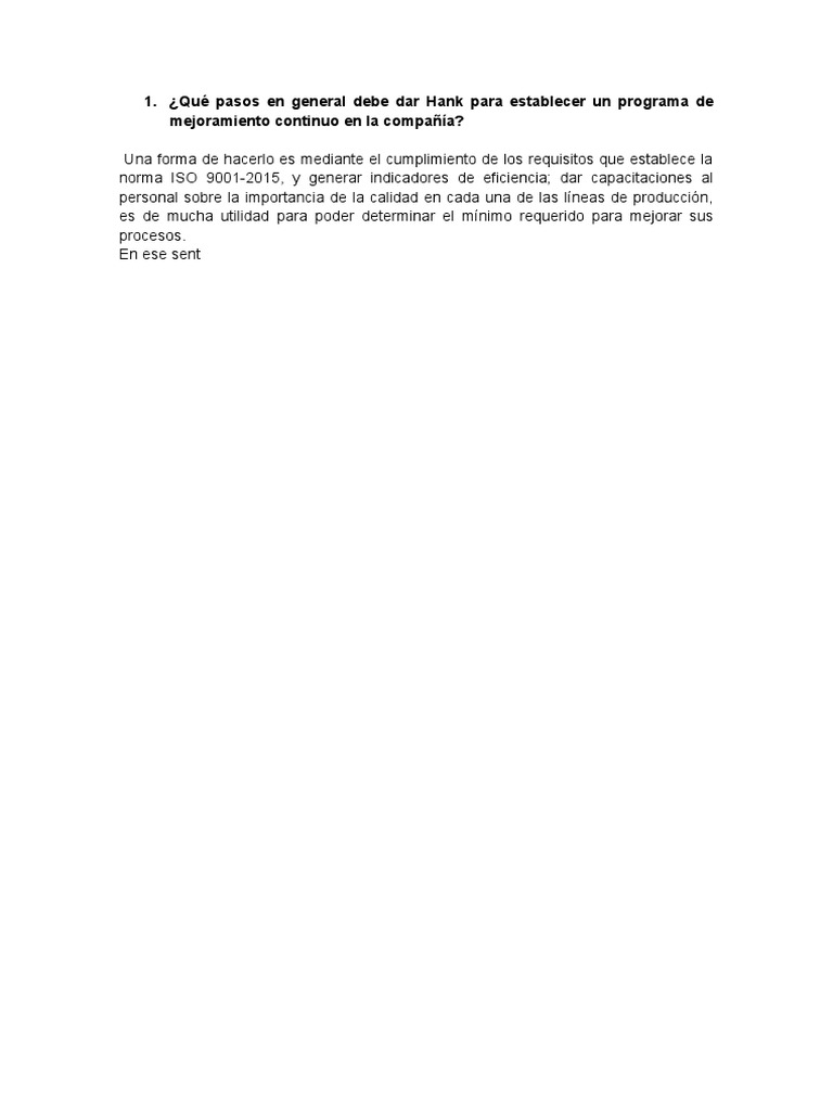11 Qué Pasos en General Debe Dar Hank para Establecer Un Programa de Mejoramiento Continuo en La ...