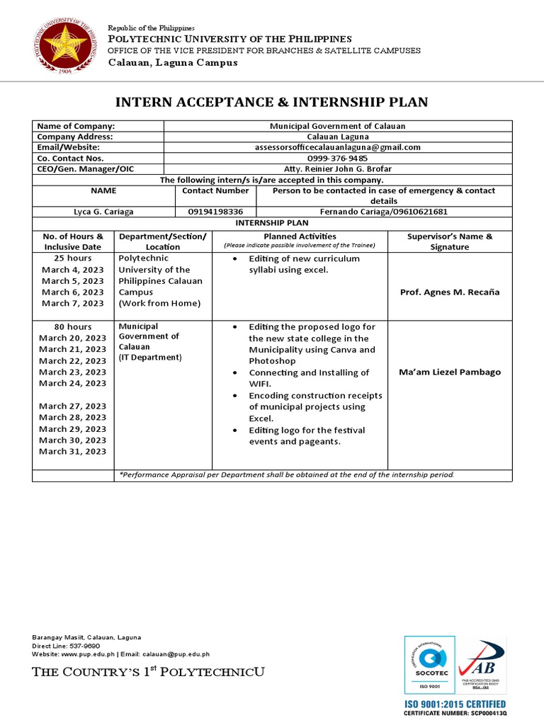 PUPCL OJT Internship Acceptance Plan 2 | PDF | Computing