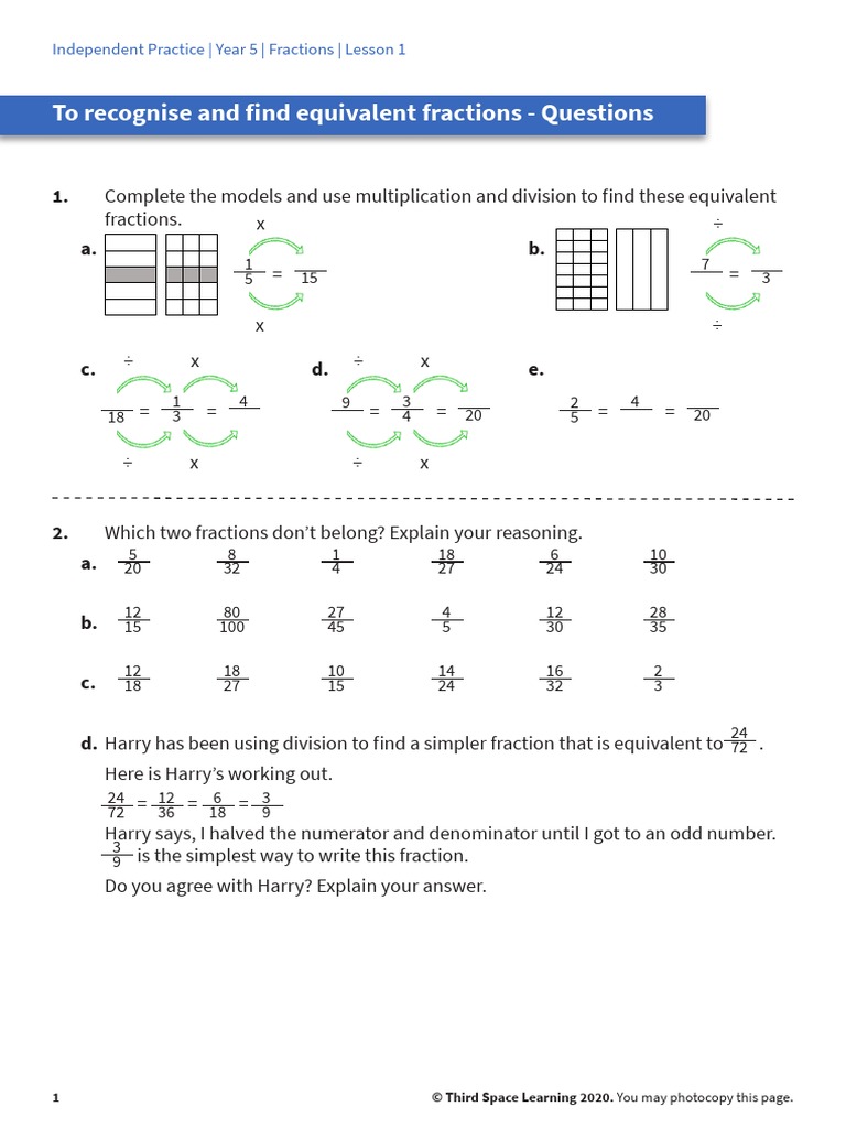 Year 5 Fractions Lesson 1 Worksheet | PDF | Odds | Mathematical Concepts
