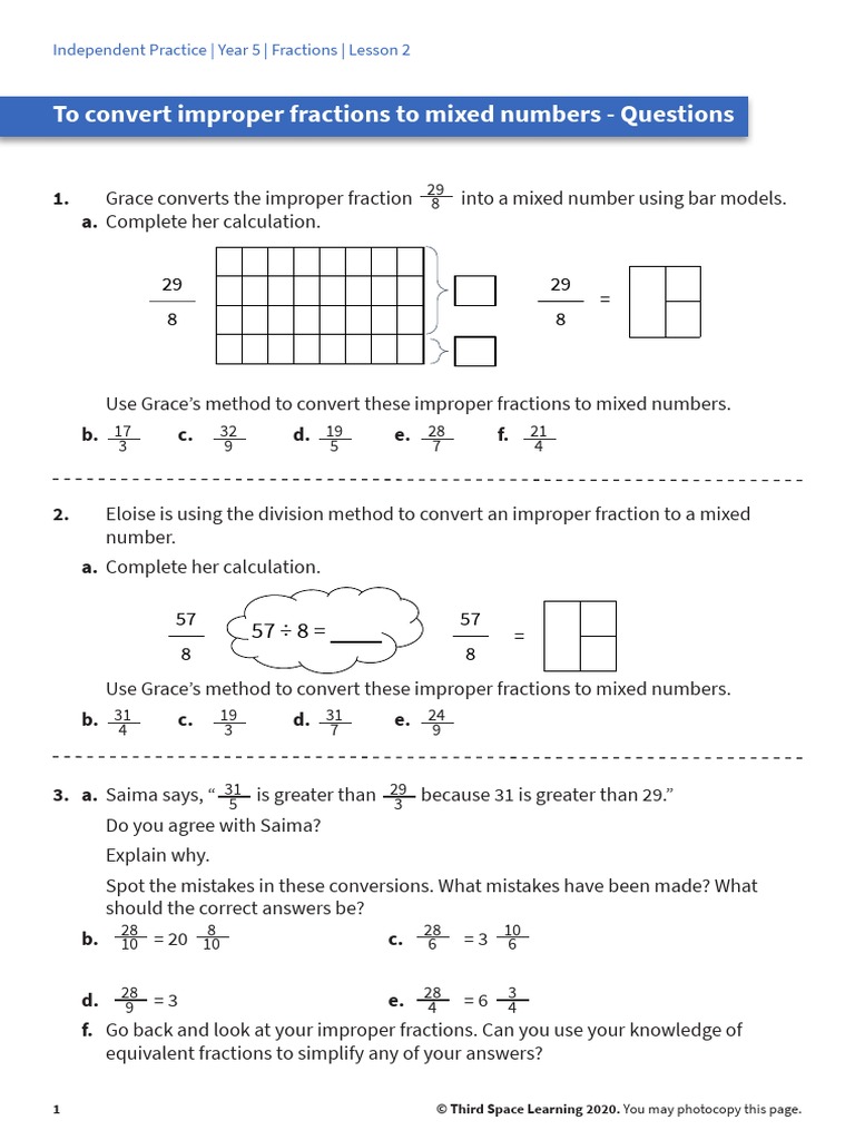 Year 5 Fractions Lesson 2 Worksheet | PDF