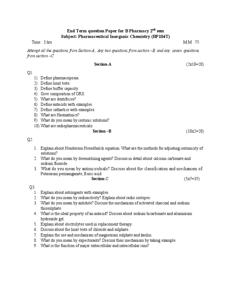 Question Paper B Pharmacy 2nd Sem BP104T | PDF