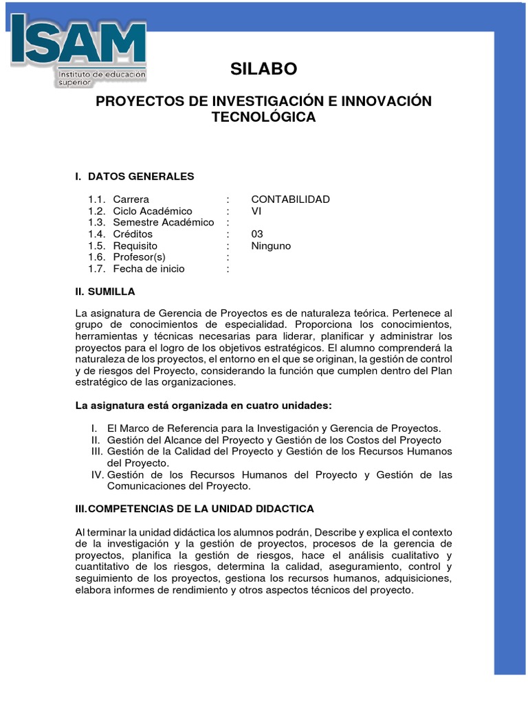SILABO DE PROYECTOS DE INVESTIGACIÓN E INNOVACIÓN TECNOLÓGICA | PDF ...