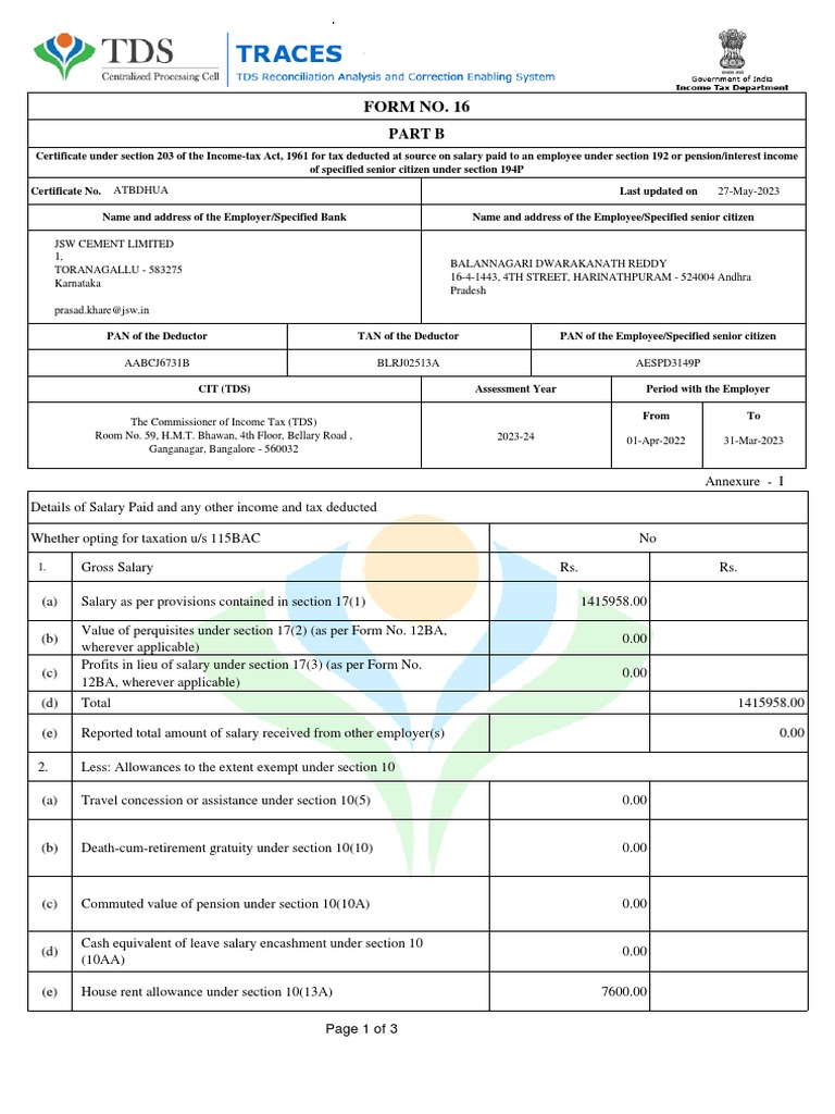 Form 16 | PDF | Tax Deduction | Pension