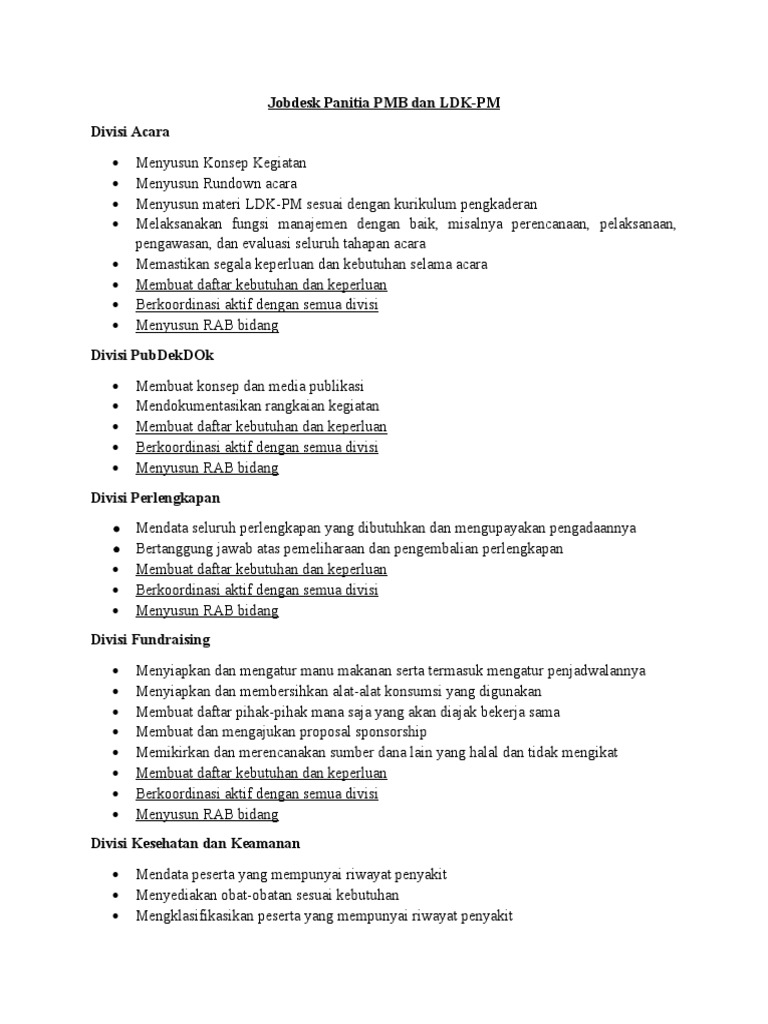 Jobdesk Panitia PMB Dan LDK | PDF