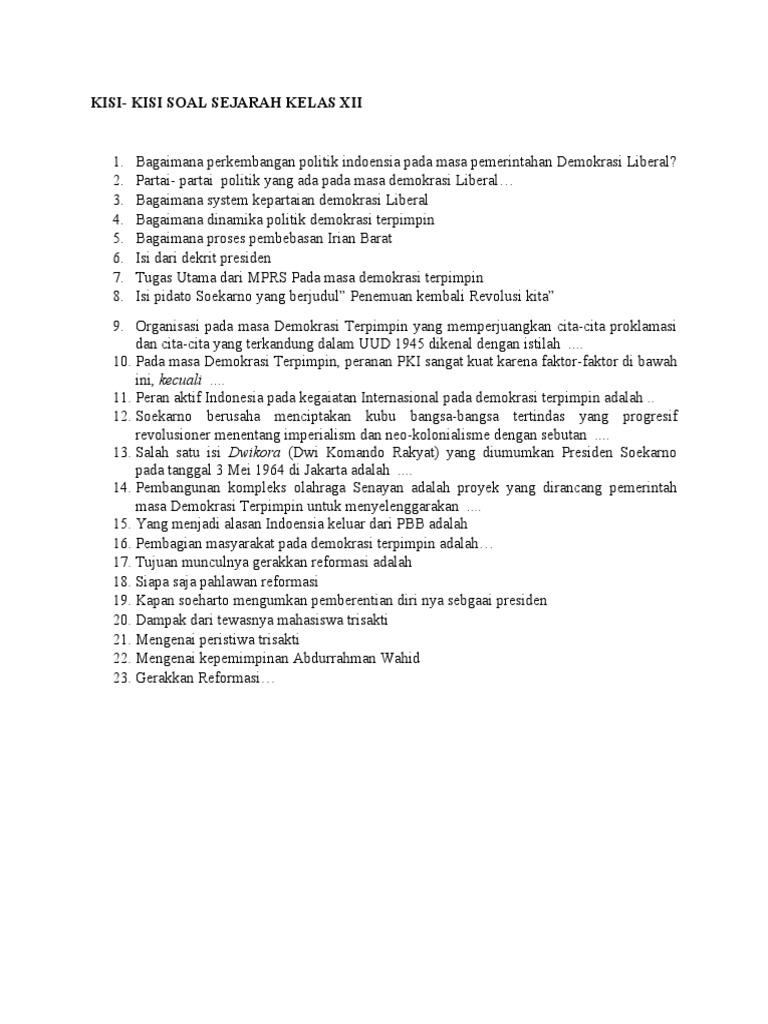 Kisi - Kisi Soal Sejarah Kelas Xii | PDF