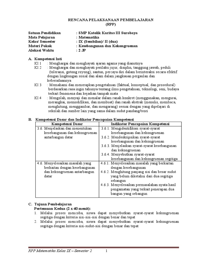 RPP Matematika Kelas IX Kekongruenan Dan Kesebangunan | PDF