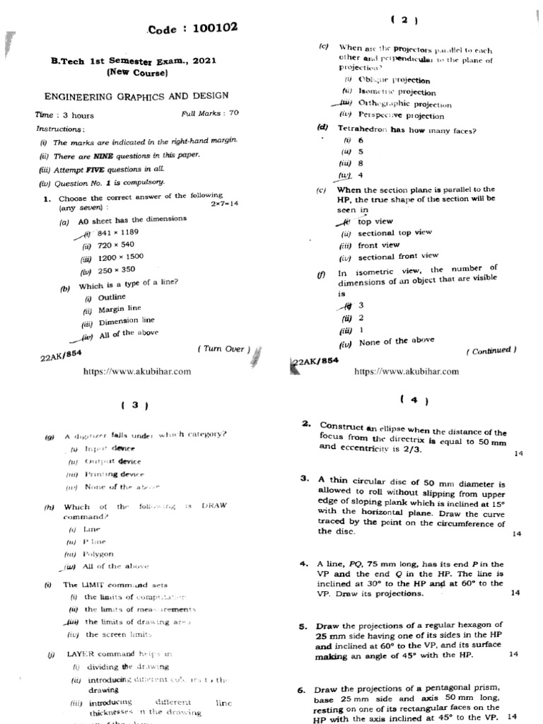 Btech 1 Sem Engineering Graphics And Design 100102 2021 Pdf 