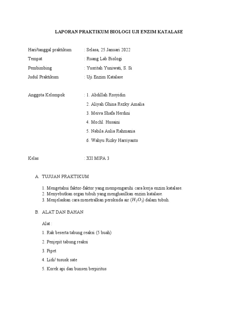 LAPORAN PRAKTIKUM BIOLOGI UJI ENZIM KATALASE | PDF