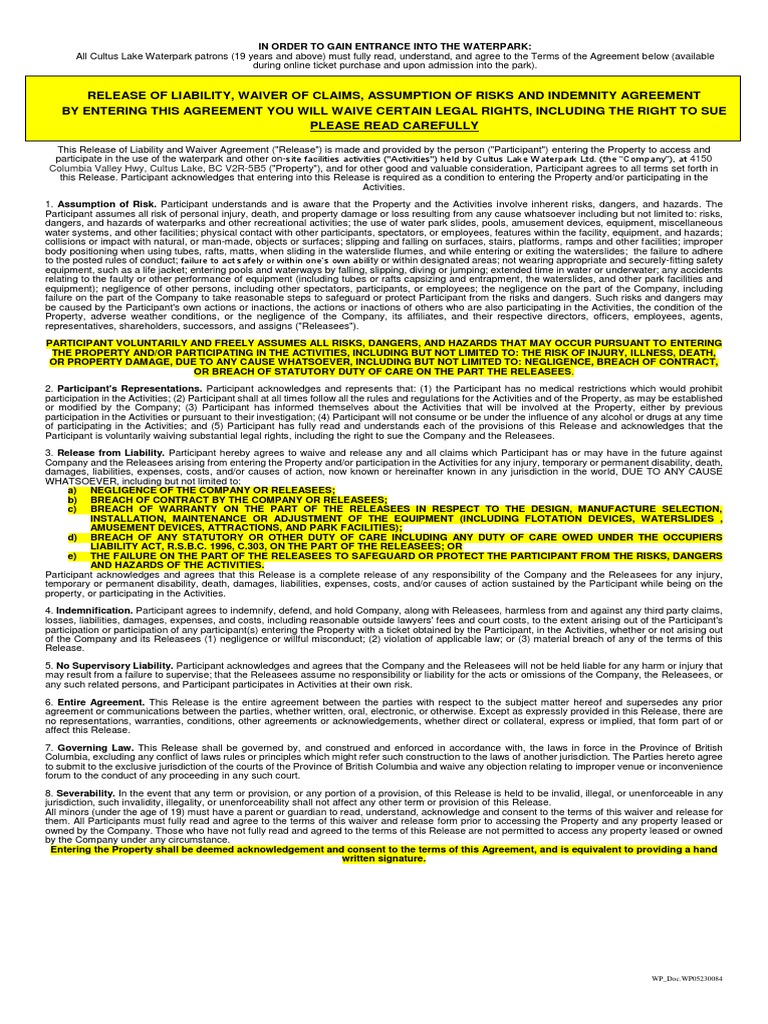 Release of Liability and Waiver Terms Waterpark Park | PDF | Legal Liability | Indemnity