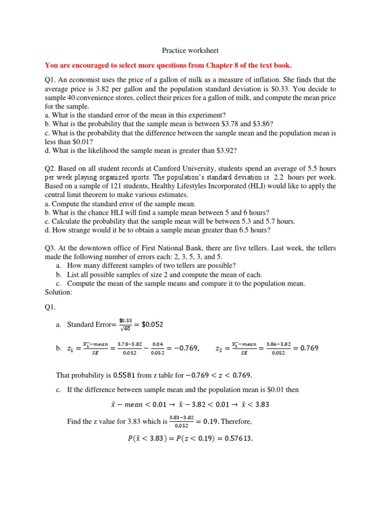 19 Practice Worksheet | PDF | Sampling (Statistics) | Standard Error