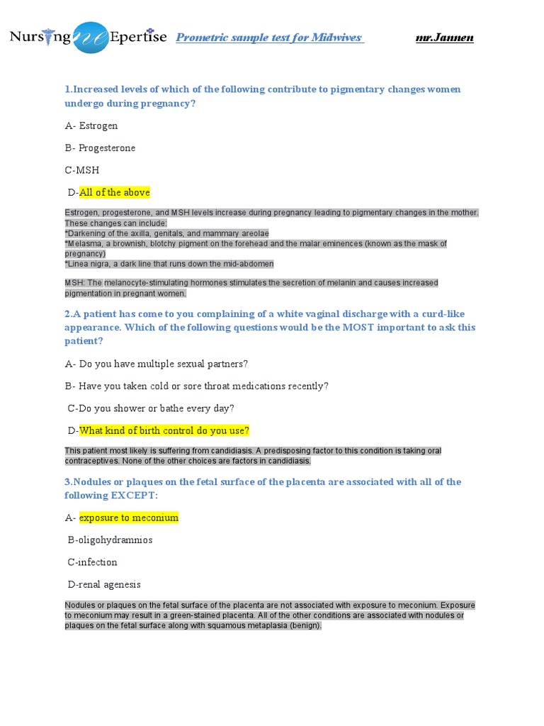 Midwifery Prometric Exam Sample Questions | PDF | Childbirth | Thrombosis