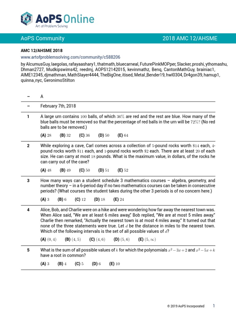 Aops Community 2018 Amc 12/ahsme | PDF | Triangle | Area