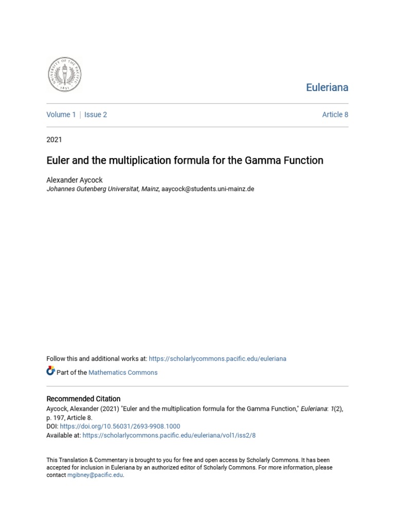 Euler and The Multiplication Formula For The Gamma Function | PDF