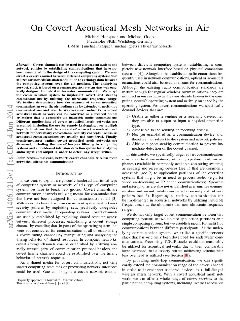 Covert Acoustical Mesh Networks | PDF | Computer Network | Transmission ...