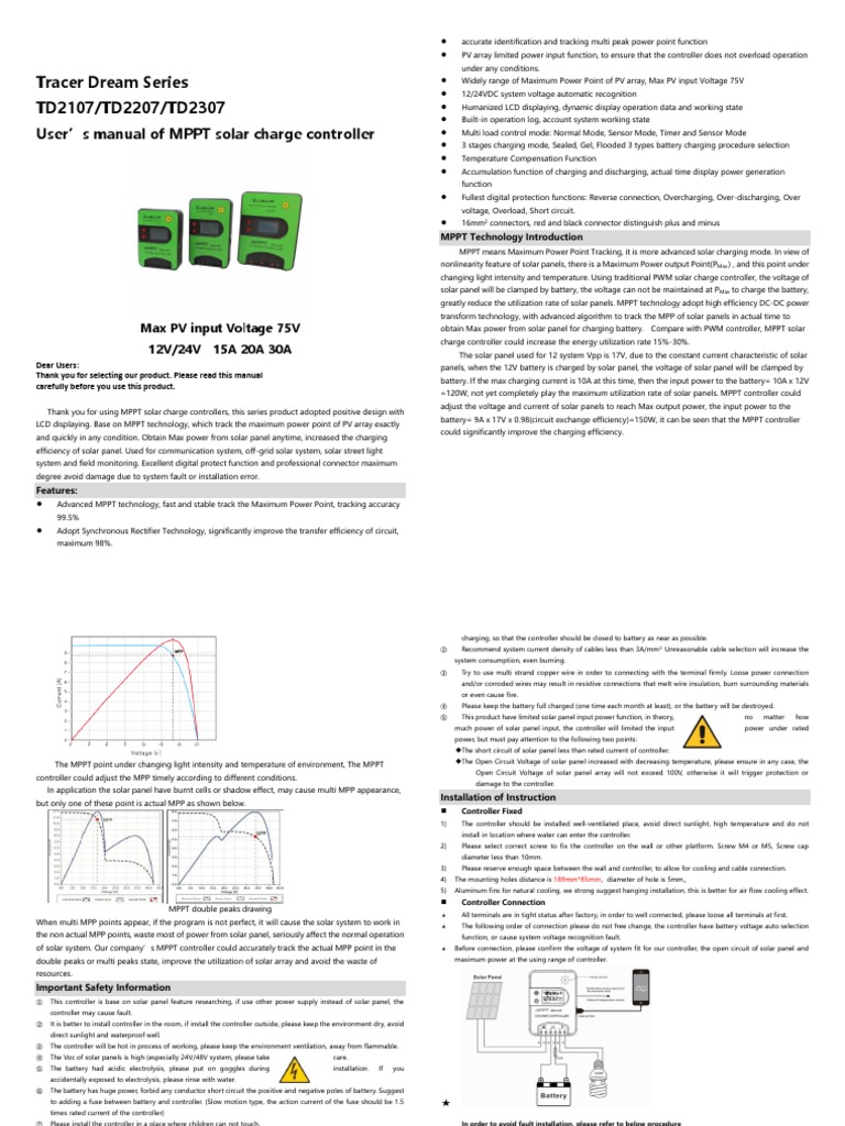 MPPT Solar Charge Controller Manual | PDF | Solar Panel | Electrical ...