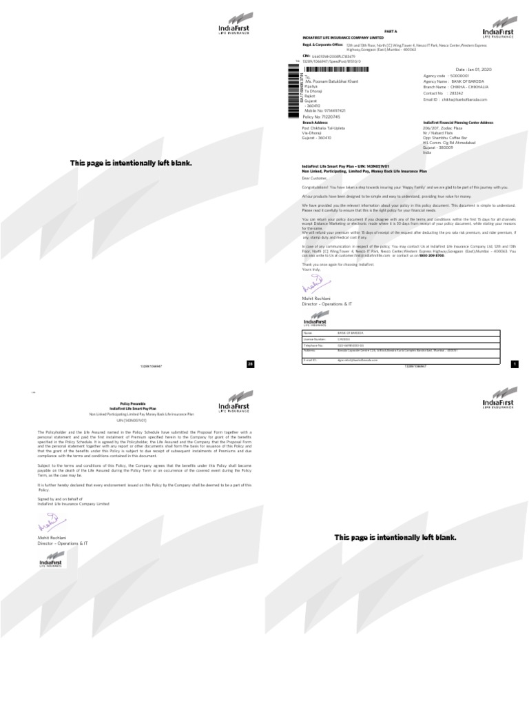Policy Document 71220745 | PDF | Insurance | Life Insurance