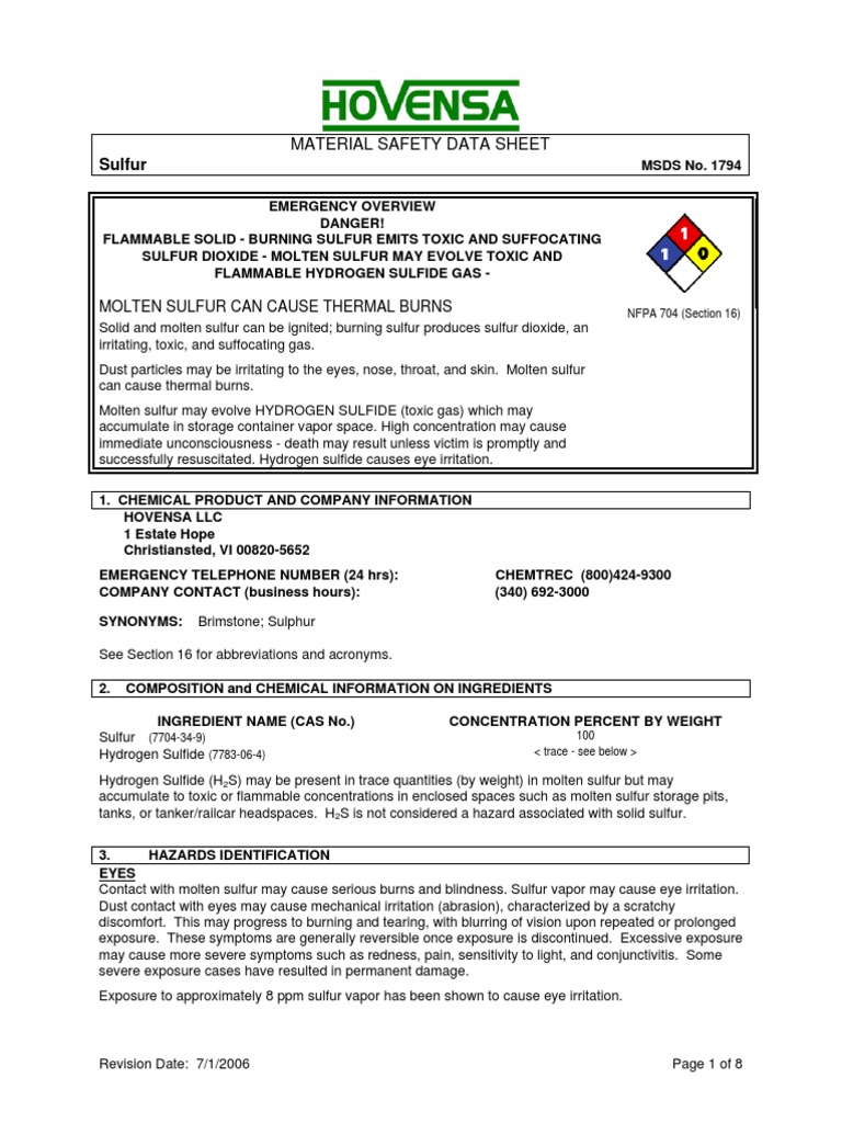 Sulphur MSDS | PDF | Sulfur | Firefighting