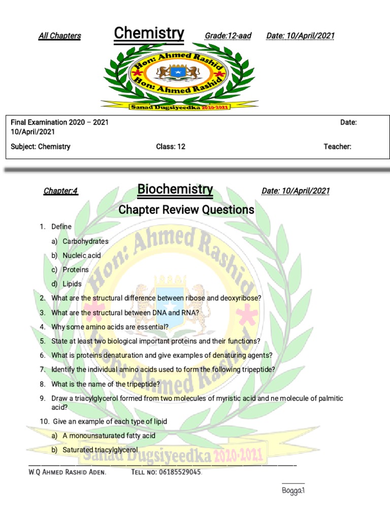 Chemistry Questions For All Chapters | PDF | Chemical Reactions | Nucleic Acids