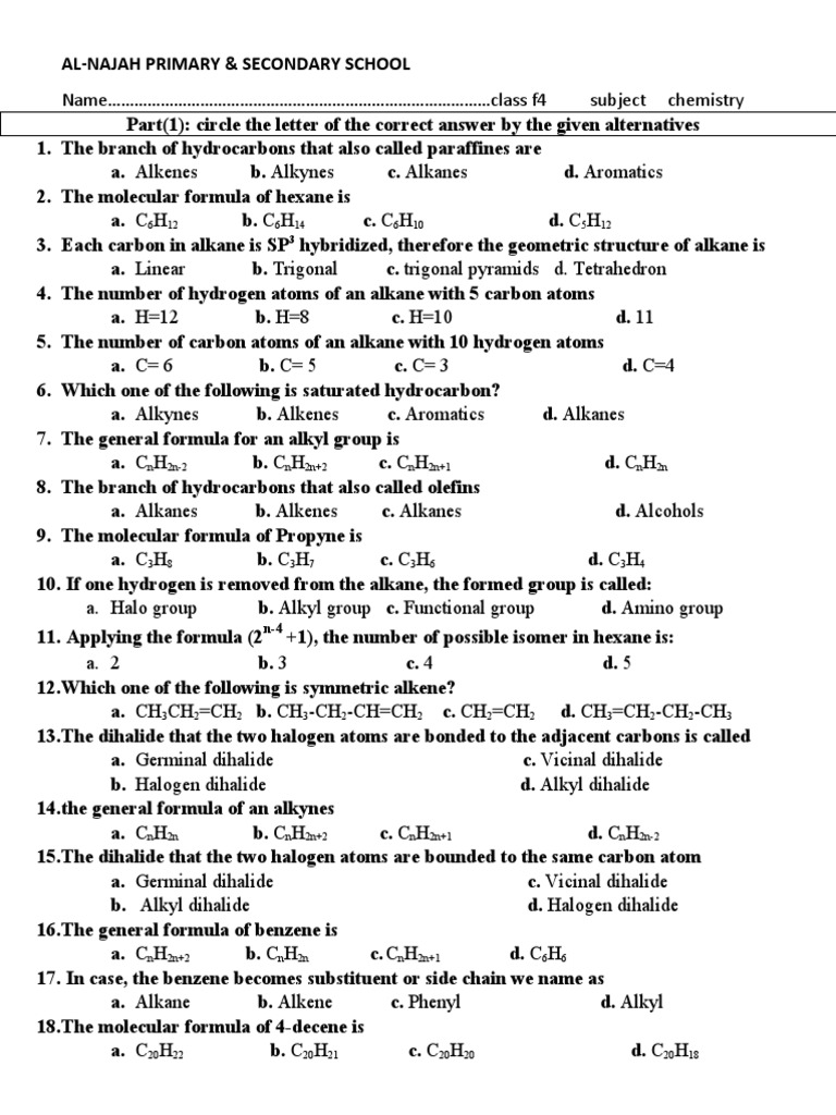 CH Test f4 | PDF | Alkane | Alkene