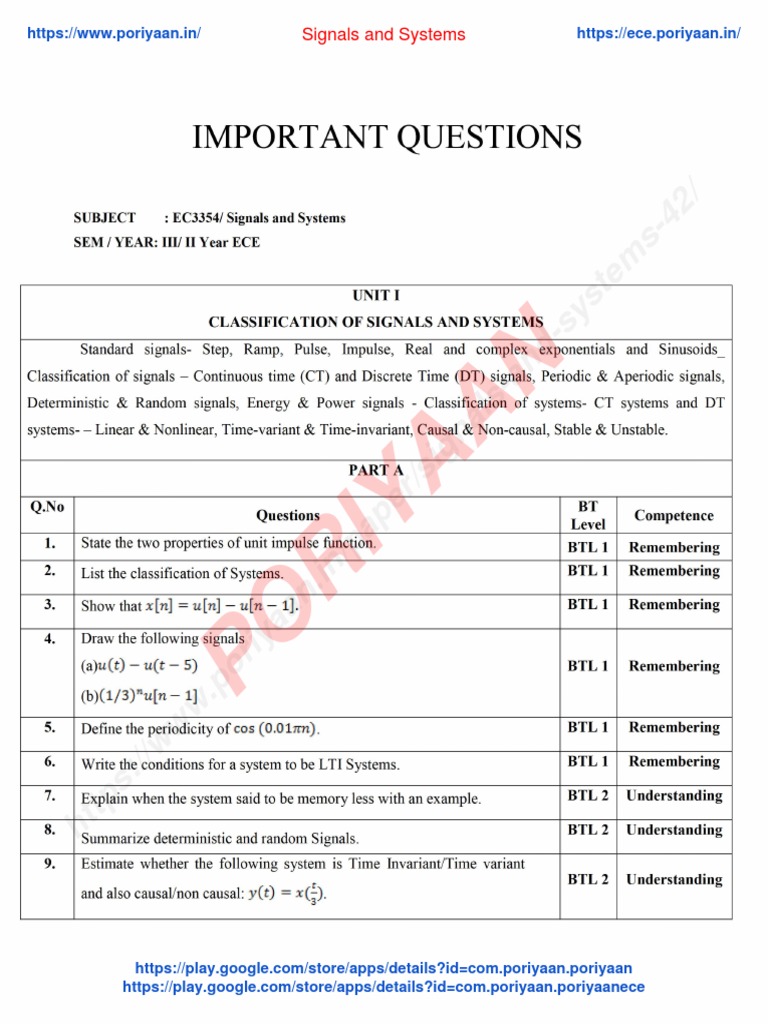 Signals and Systems Important Questions PDF Download | PDF | Engineering | Telecommunications