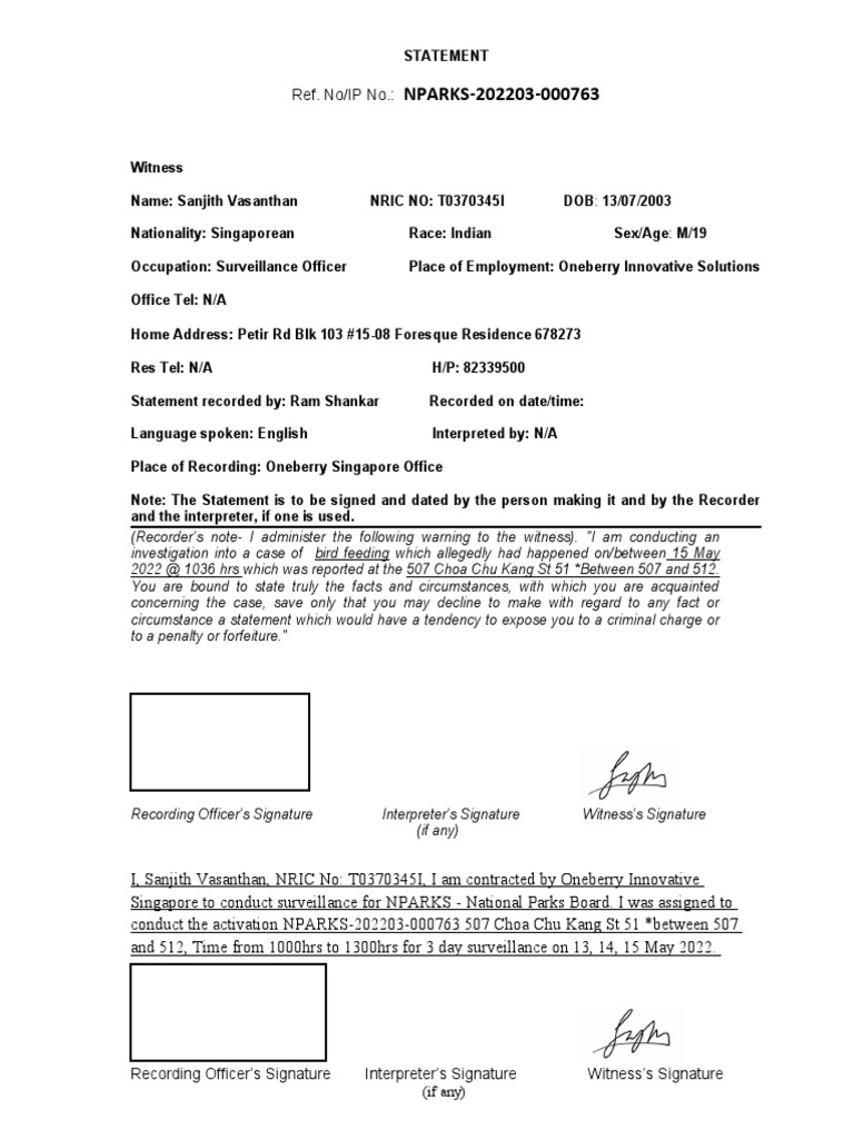 NPARKS - Statement - 507 Choa Chu Kang ST 51 - Between 507 and 512 (SOF) Sanjith | PDF | Justice ...