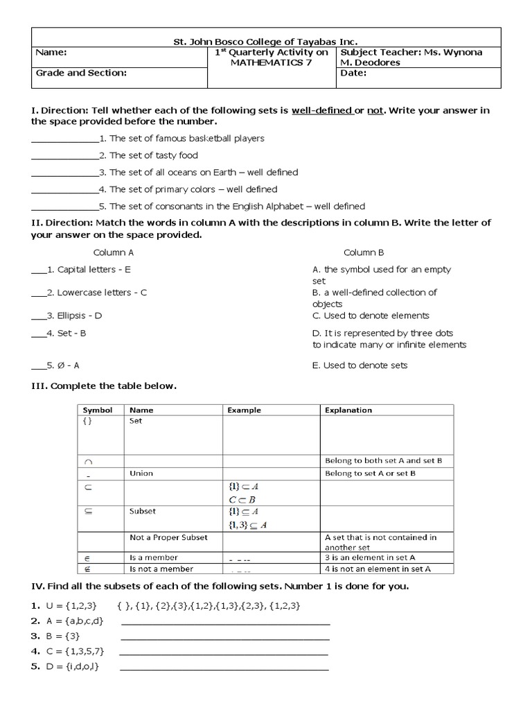 Mathematics 7 Quarterly Activity | PDF | Set (Mathematics ...