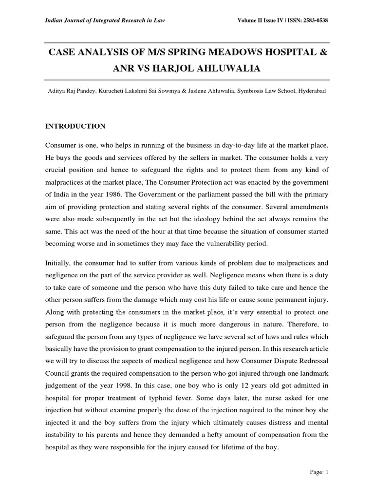 Case Analysis of MS Spring Meadows Hospital Anr VS Harjol Ahluwalia ...