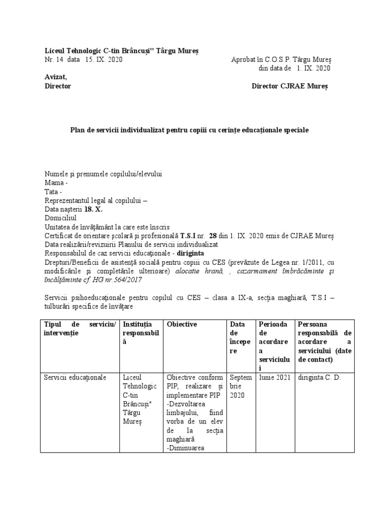 Plan de Servicii Individualizat Model | PDF