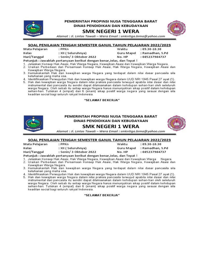 Soal PPKN PTS Ganjil 2022-2023 Kelas Xii | PDF