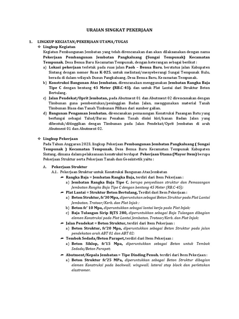 Uraian Singkat Pekerjaan | PDF