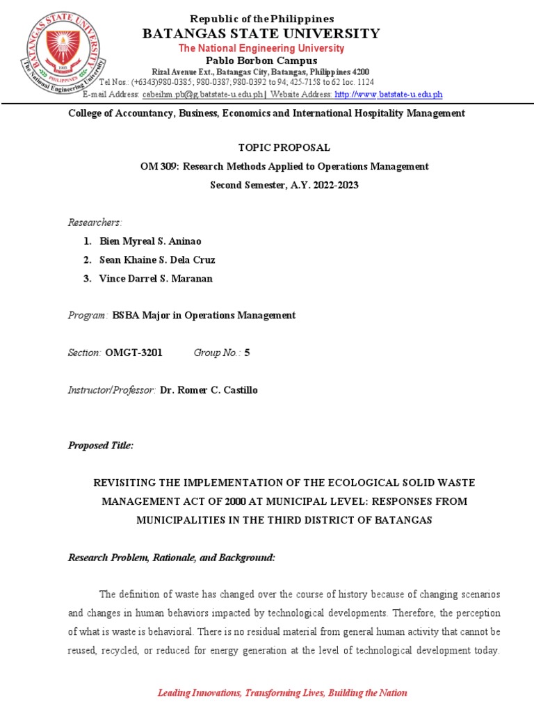 Topic Proposal First Rev 1 | PDF | Waste Management | Sustainability