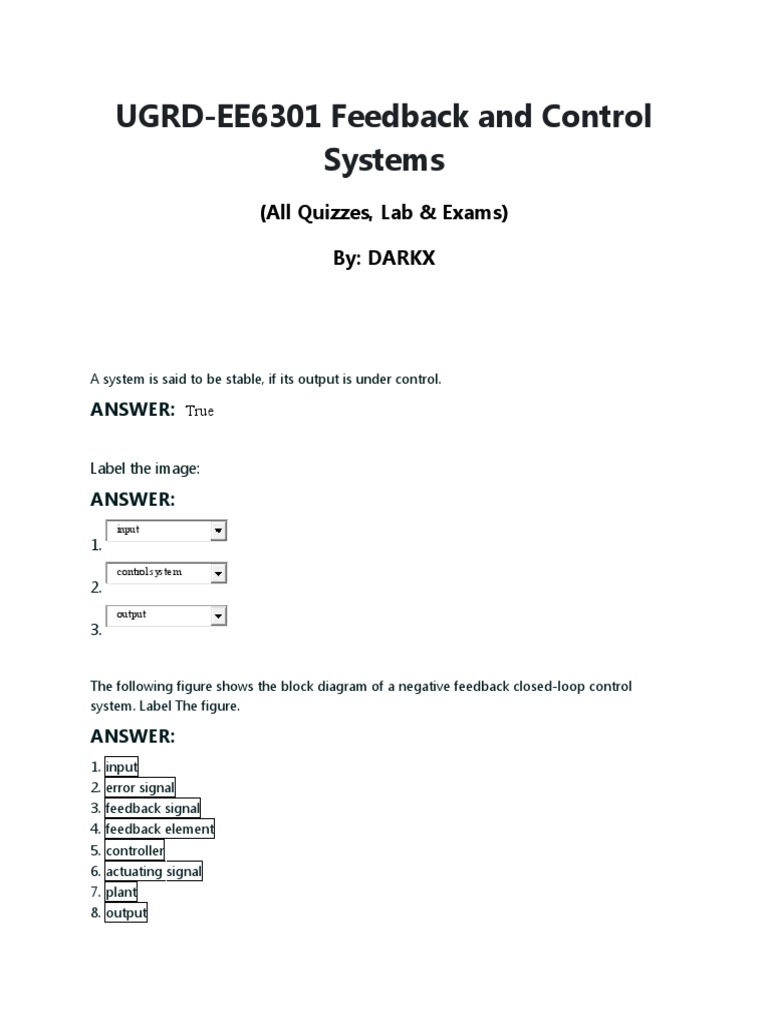 UGRD-EE6301-Feedback-and-Control-Systems-Overall-Midterm Quizess | PDF | Control Theory | Damping