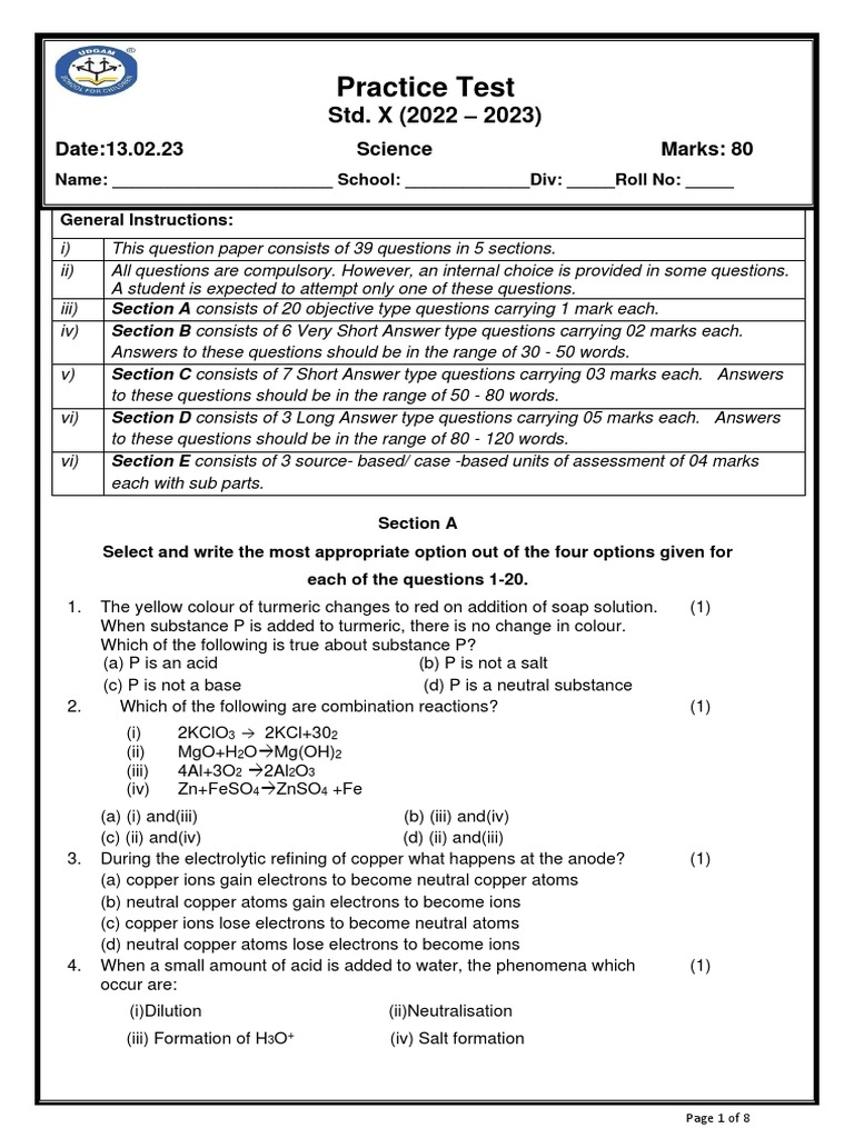 Class-10 - Science - Practice - 2022-23 - 1 | PDF | Ion | Materials