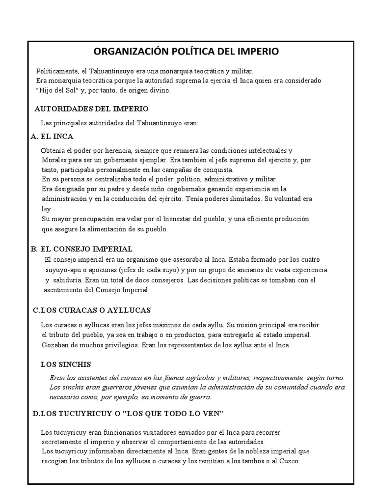 Estructura Política del Tahuantinsuyo | PDF | Imperio Inca