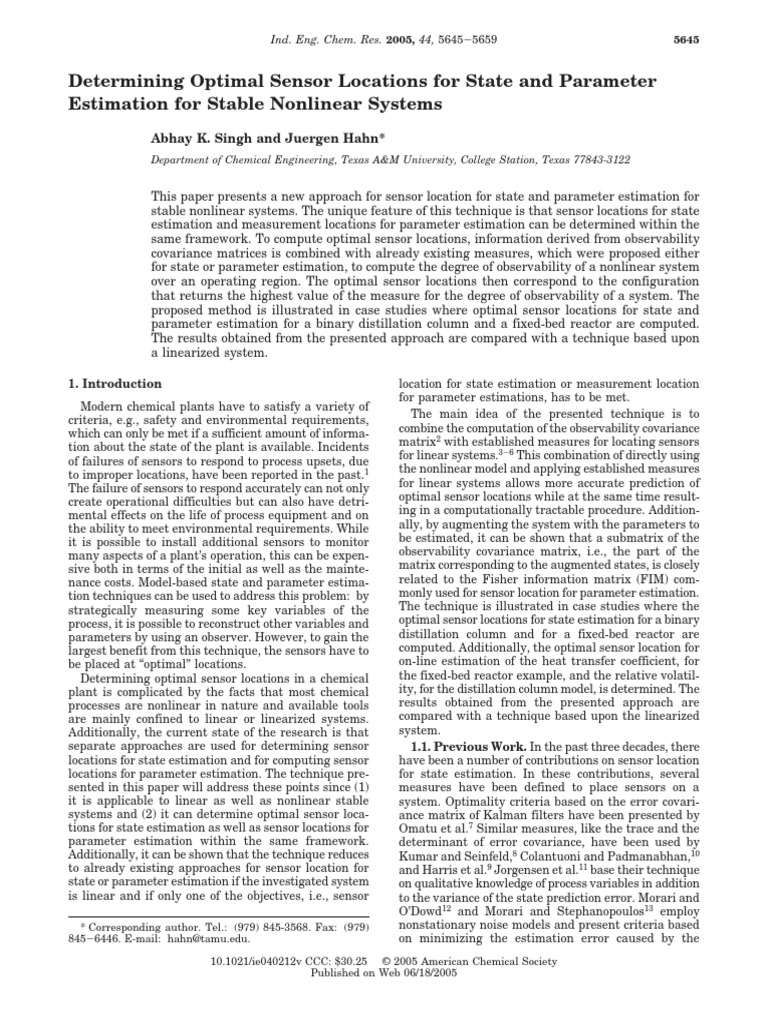 Determining Optimal Sensor Locations For State And Parameter Estimation Pdf Matrix