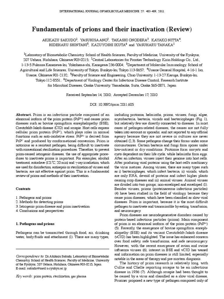 Fundamentals of Prions and Their Inactivation (Review) | Download Free PDF | Pathogen | Immunology
