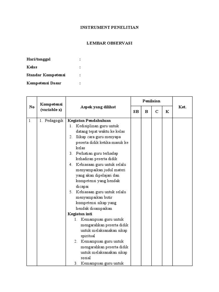 Contoh Instrument Penelitian Kinerja Guru Dan Kompetensi Guru | PDF