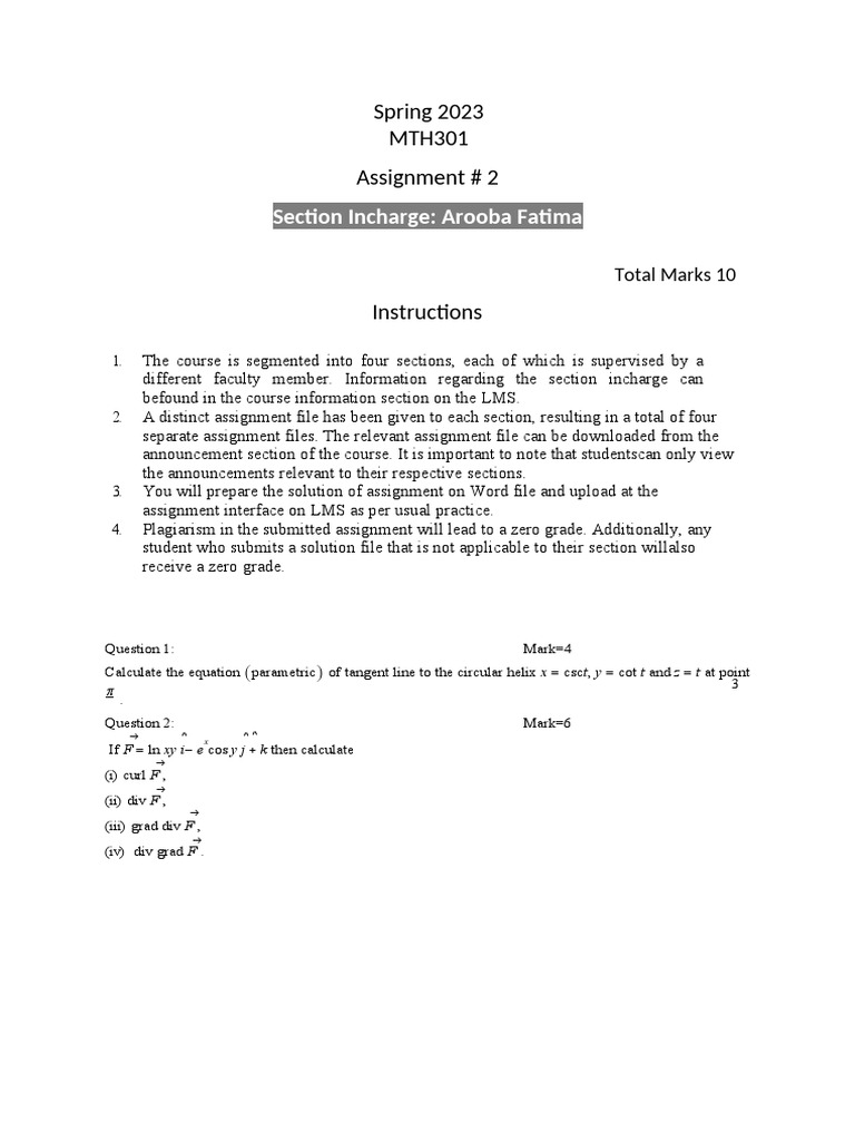 MTH301 Assignment 2 by Arooba Fatima | PDF