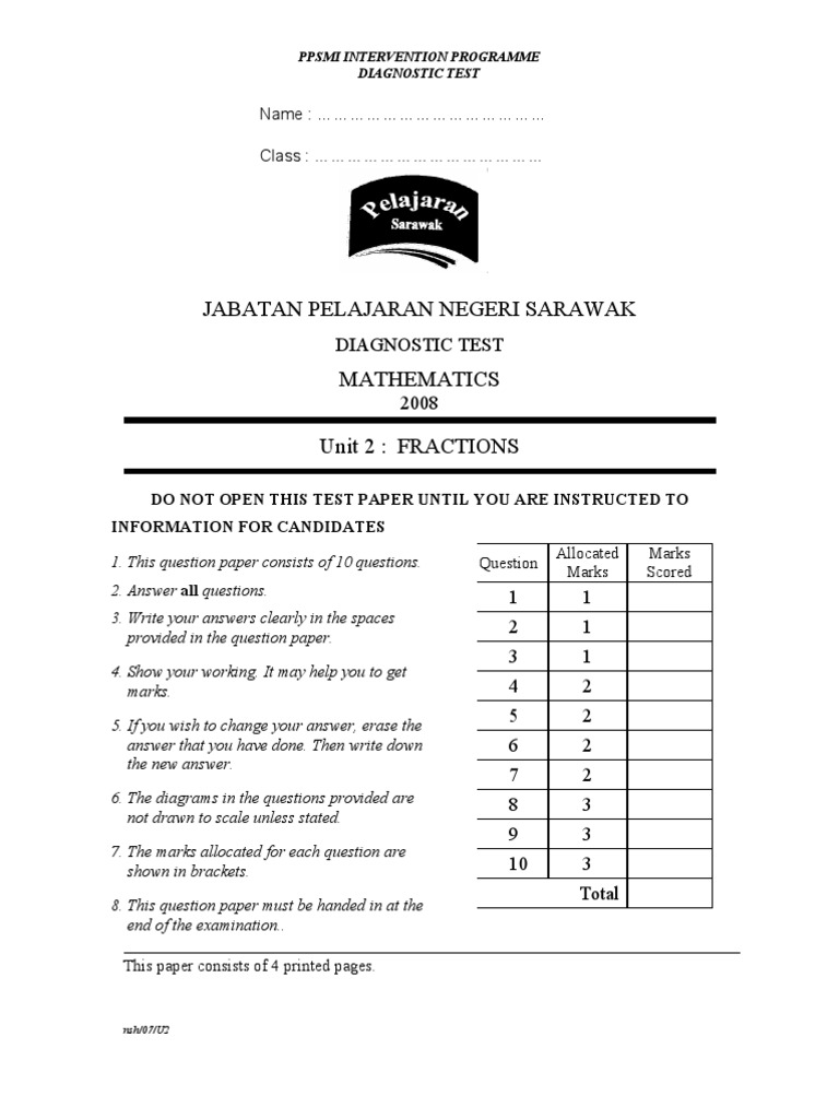 Year 6 Mathematics Diagnostic Test: Fractions | PDF
