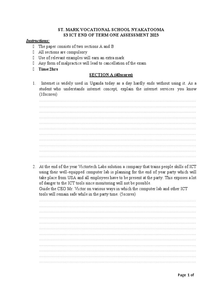 s3 Ict End of Term One 2023 | PDF | Computer File | Information Technology