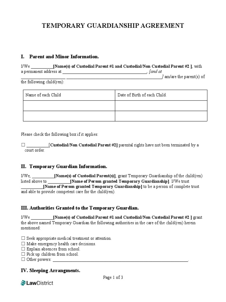 Temporary Guardianship Template | PDF | Legal Guardian | Child Custody