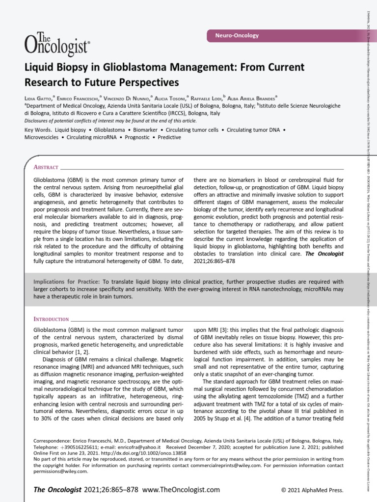 Liquid Biopsy in Glioblastoma Management From Current Research To Future Perspectives | PDF ...