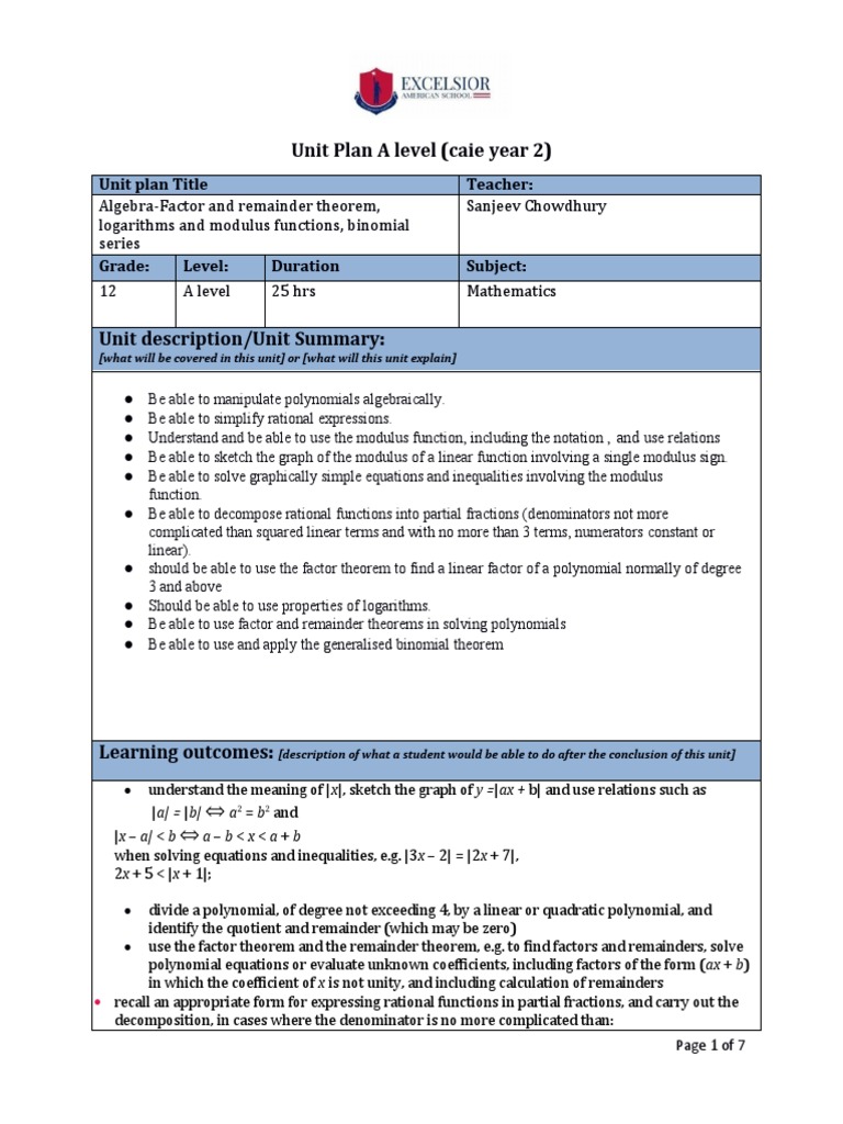 Unit Plan 1 - Mathematics - Unit Algebra - 2023-24 | PDF | Factorization | Polynomial