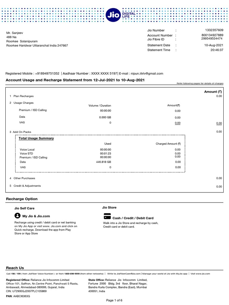 Account Usage and Recharge Statement From 12-Jul-2021 To 10-Aug-2021 ...