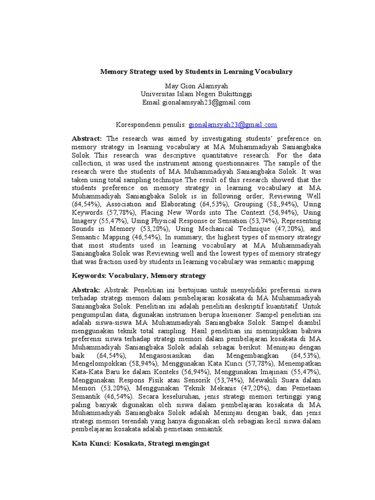 Memory Strategy Used by Students in Learning Vocabulary | PDF