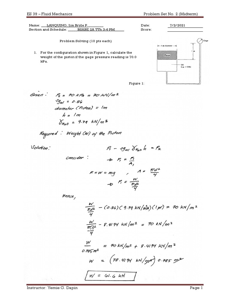 Fluid Mechanics Midterm Problem Set | PDF | Teaching Methods & Materials