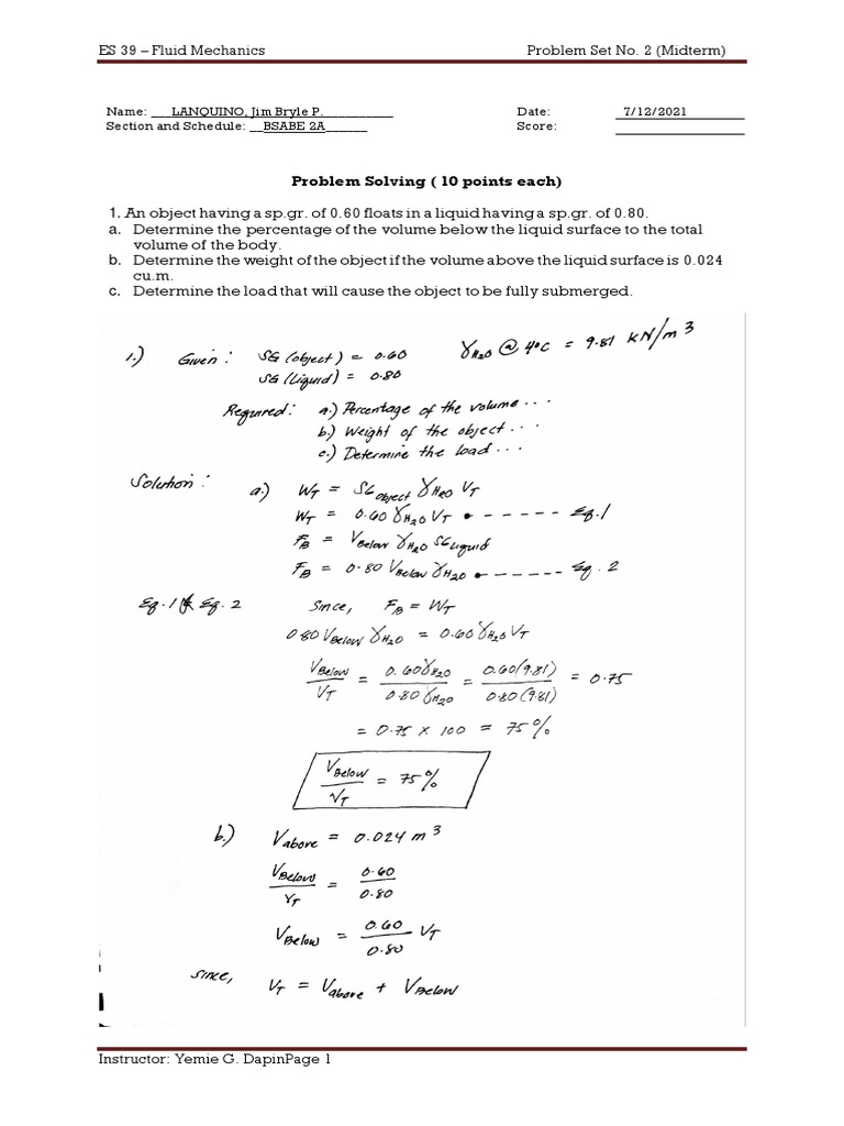 Fluid Mechanics Midterm Problem Set | PDF | Teaching Methods & Materials