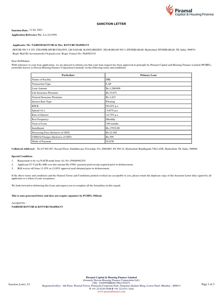 Sanction Letter V2 | PDF