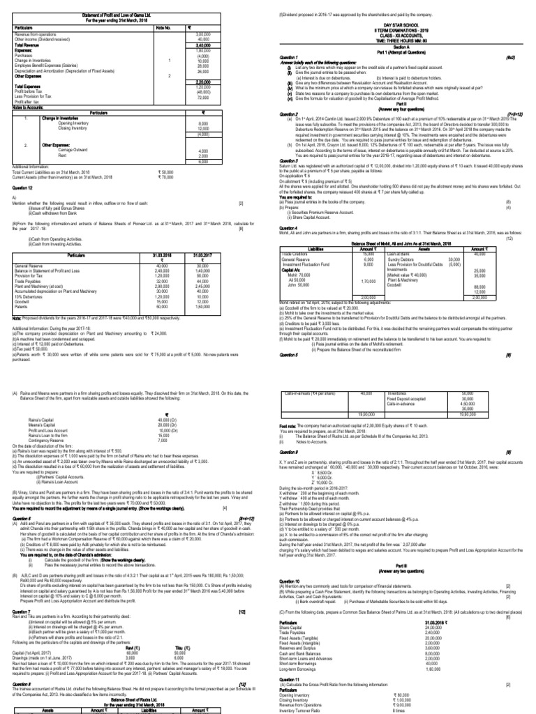 Class Xii Acc Ii Term Exainations | PDF | Balance Sheet | Dividend